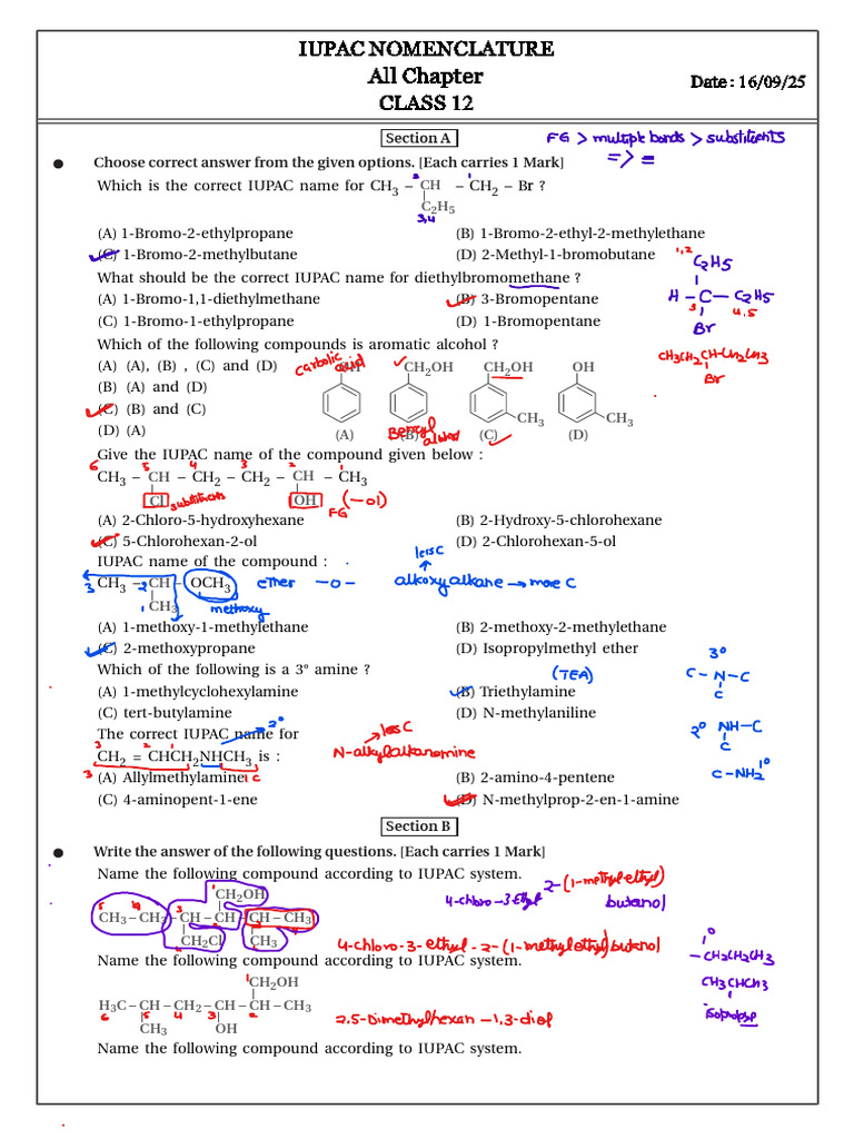 Send Iupac Nomenclature - Class12 - d16 Sept 2025 | PDF | Amine | Organic Chemistry