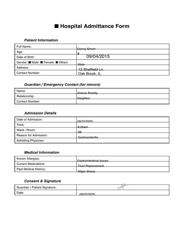 Hospital Admittance Form Details | PDF