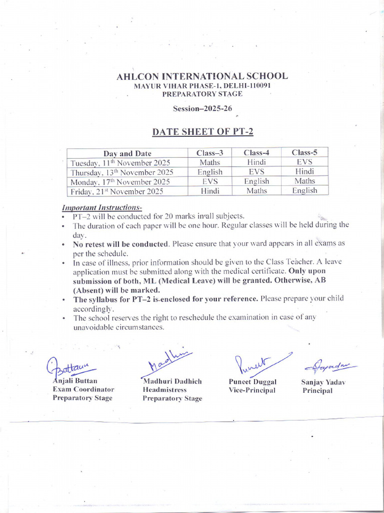 Date Sheet PT-2 (Preparatory Stage) | PDF