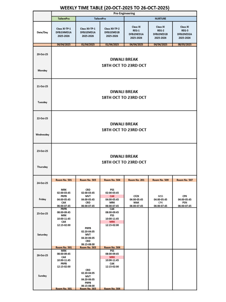 Jee Time Table 20 Oct To 26 Oct | PDF