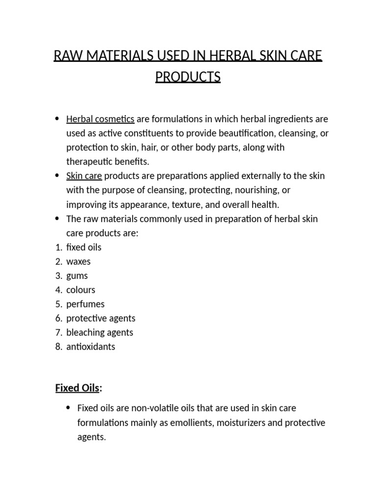 Raw Materials Used in Herbal Skin Care Products | PDF | Cosmetics ...