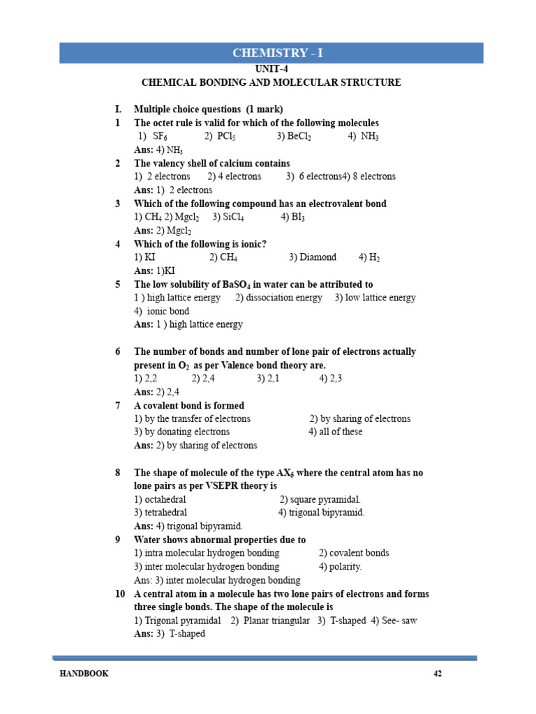 Chemical Bonding and Molecular Structure Quiz | PDF | Chemical Bond ...