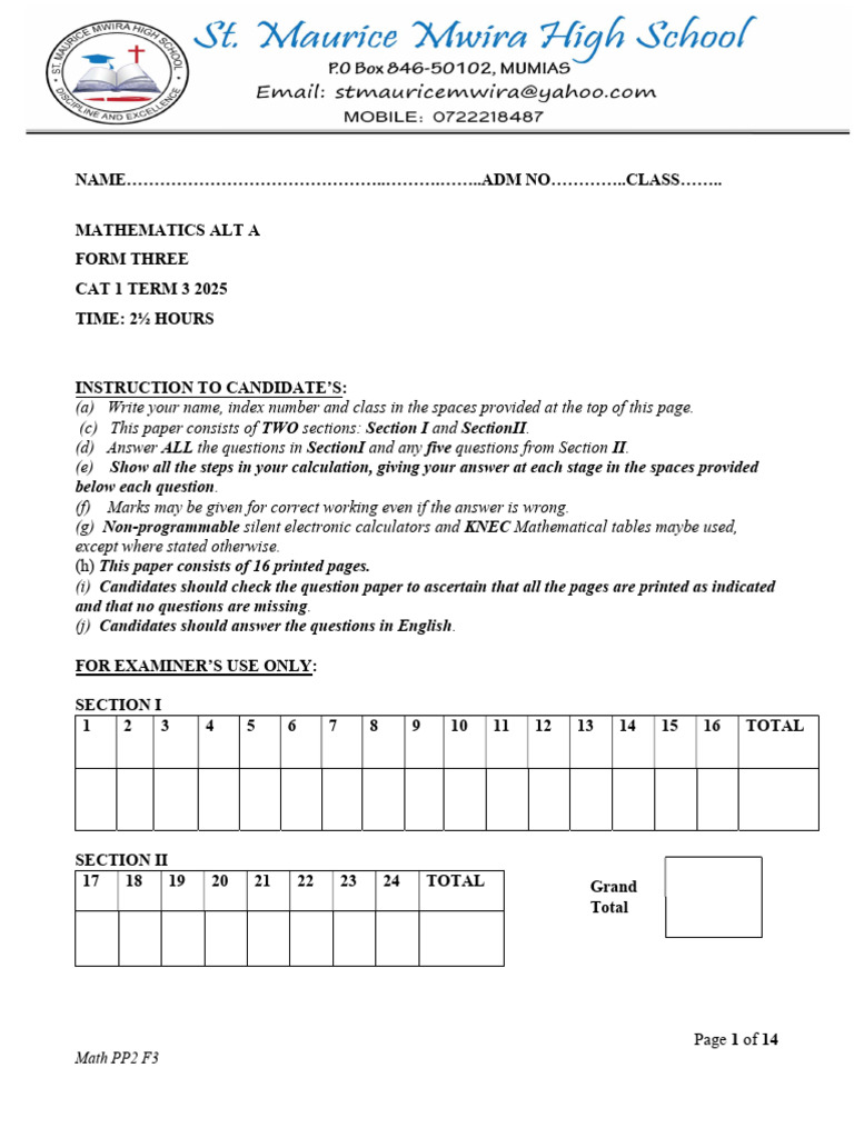 Math PP2 Form Three Exam Paper | PDF | Circle | Mathematics