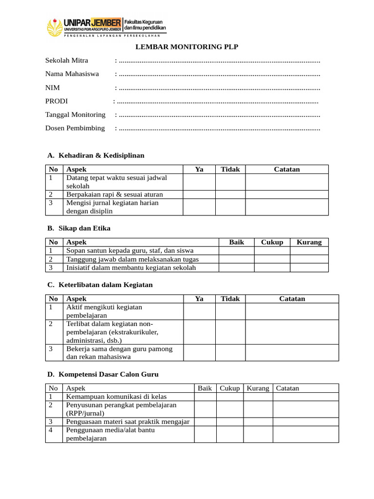 Monitoring PLP Mahasiswa Sekolah Mitra | PDF