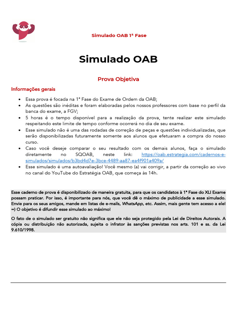 Simulado OAB 1ª Fase: Questões Práticas | PDF | Advogado | Orçamento ...