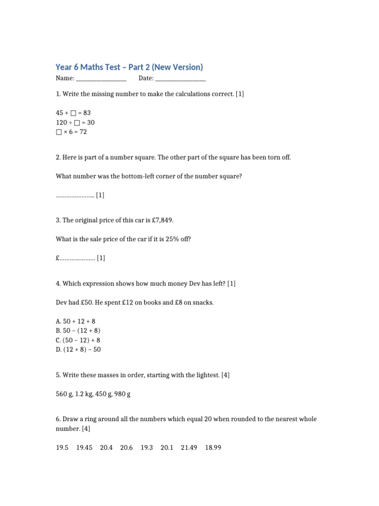 Year 6 Maths Test Part 2 Worksheet | PDF | Circle | Elementary Geometry