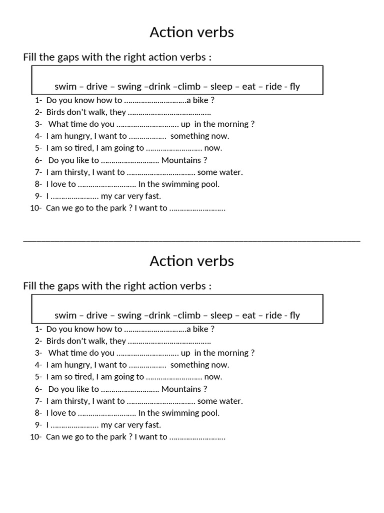 Action Verbs Worksheet Activities | PDF