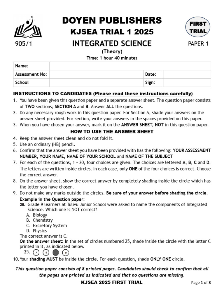 Grade 9 Integrated Science PP1 KJSEA Trial 1 2025 PDF 1758270255999 ...