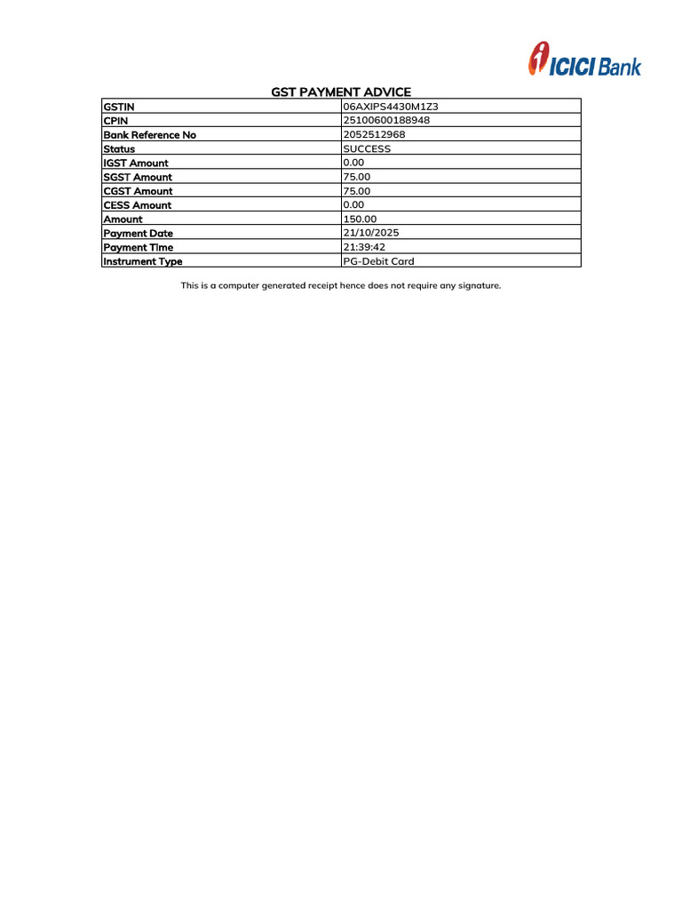 GST Payment Advice Receipt | PDF