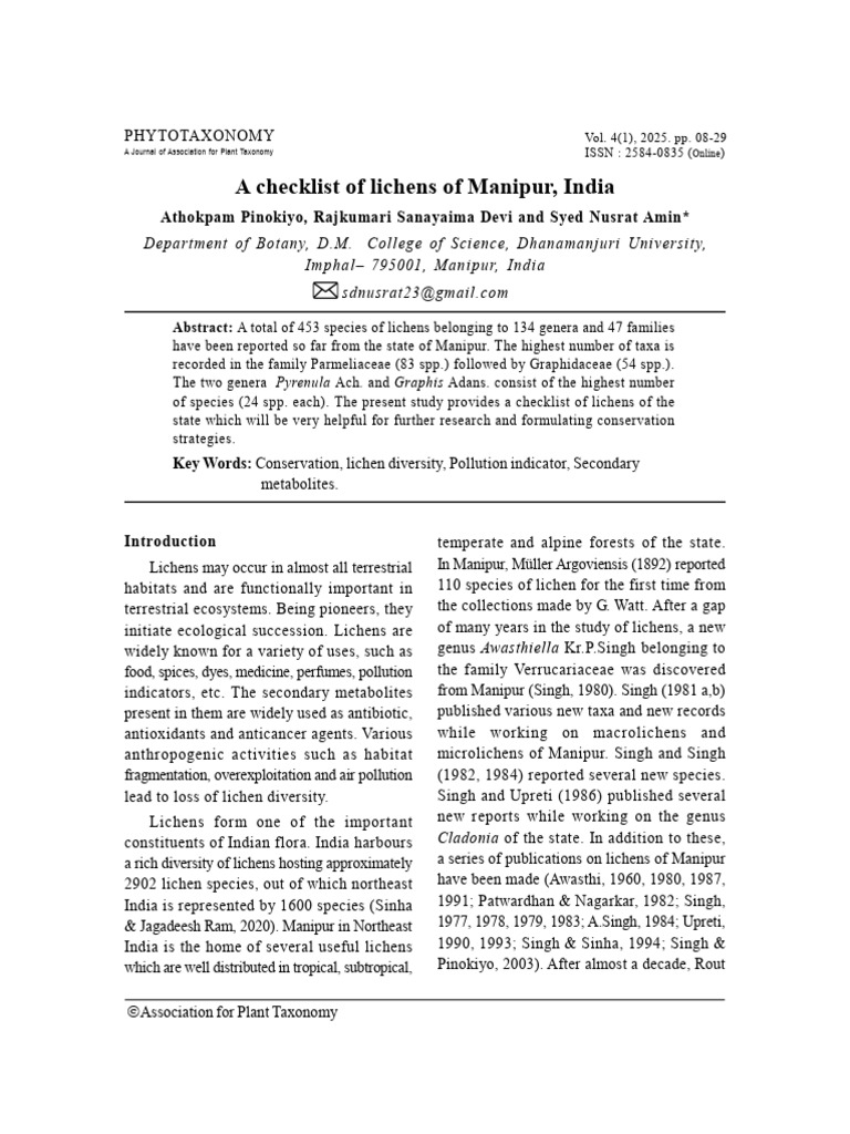 Lichen Checklist of Manipur, India | PDF | Taxonomy (Biology) | Biology