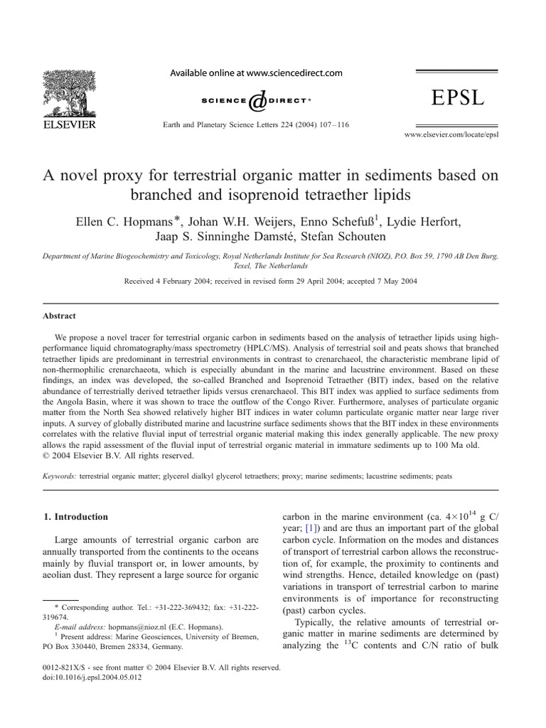 A Novel Proxy For Terrestrial Organic Matter in Sediments Based On ...