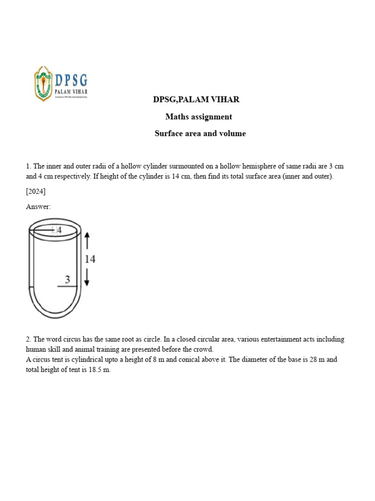 Surface Area and Volume Assignmenttttt | PDF | Sphere | Volume