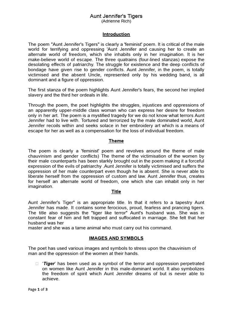 Notes On Aunt Jennifer-S Tigers | PDF | Poetry