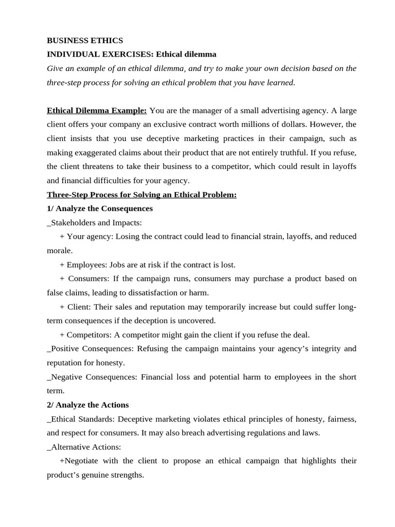 INDIVIDUAL EXERCISES Ethical Dilemma | PDF | Integrity | Business Ethics