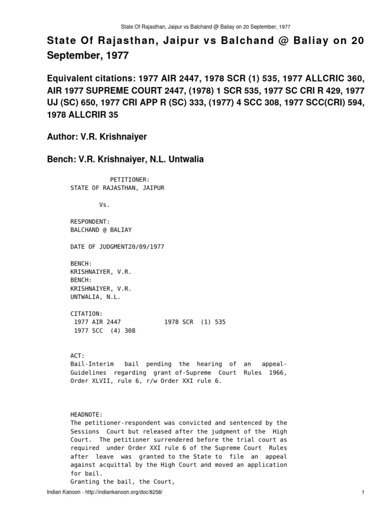 Rajasthan vs Balchand: Bail Ruling | PDF | Bail | Legal Action