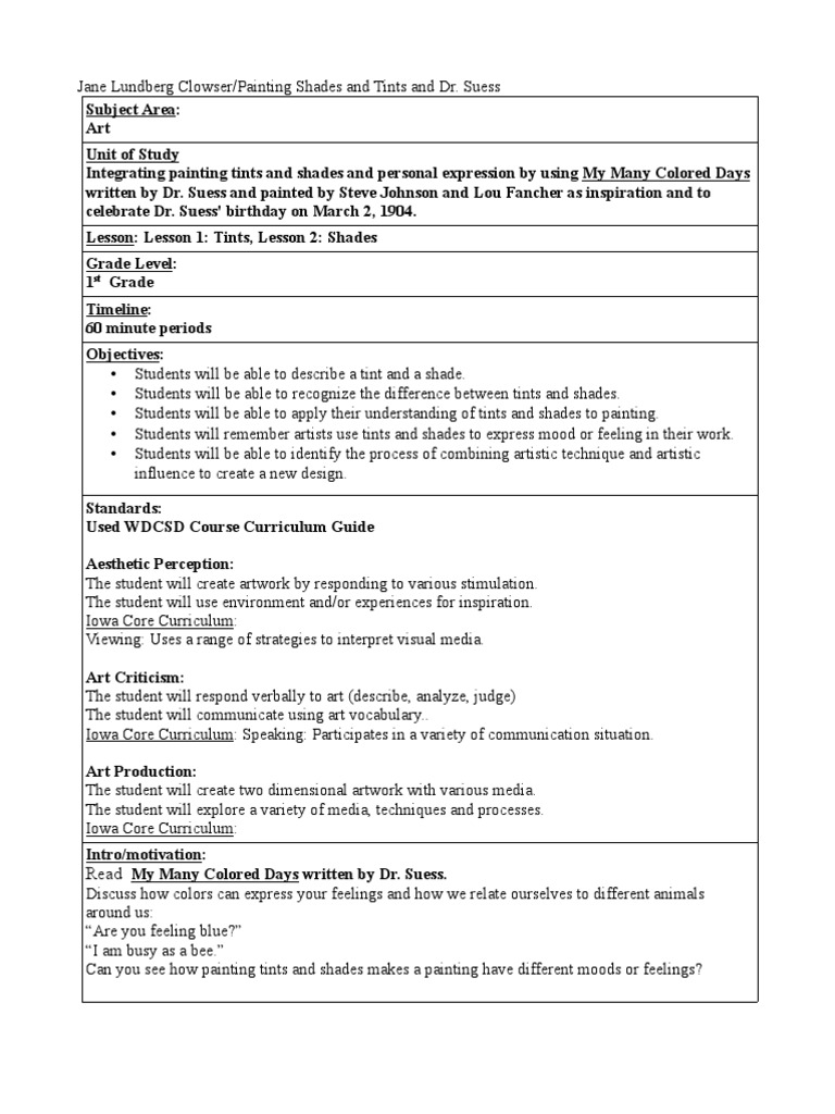 Tints and Shades Lesson Plan | PDF | Color | Paintings