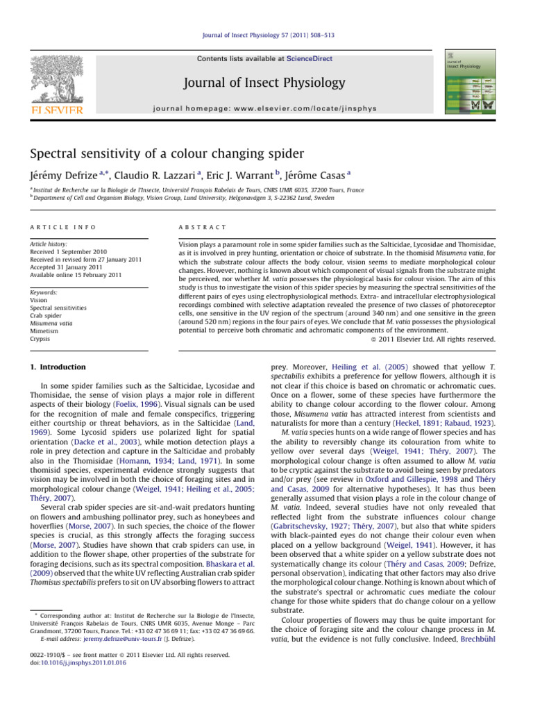 2011 Defrize Et Al. - Spectral Sensitivity of A Colour Changing Spider ...