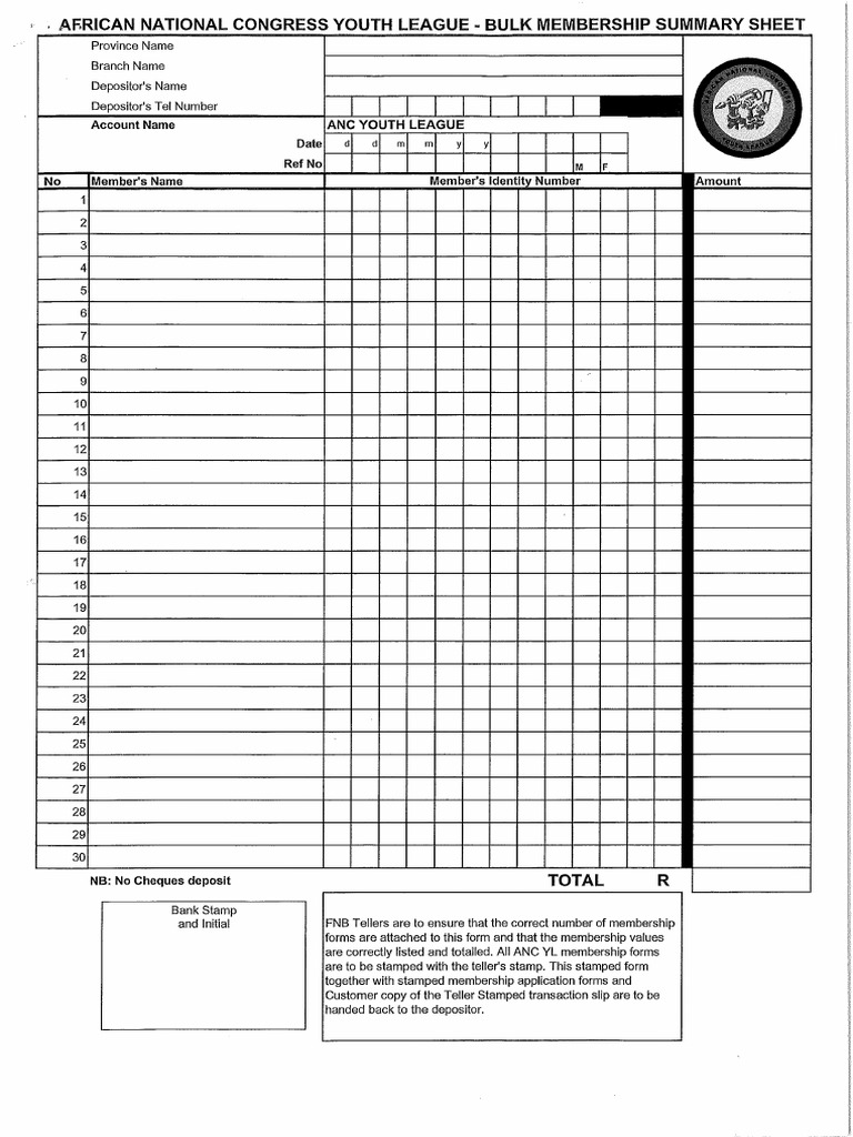 ANCYL Membership Bulk Deposit (The Real Form) | PDF