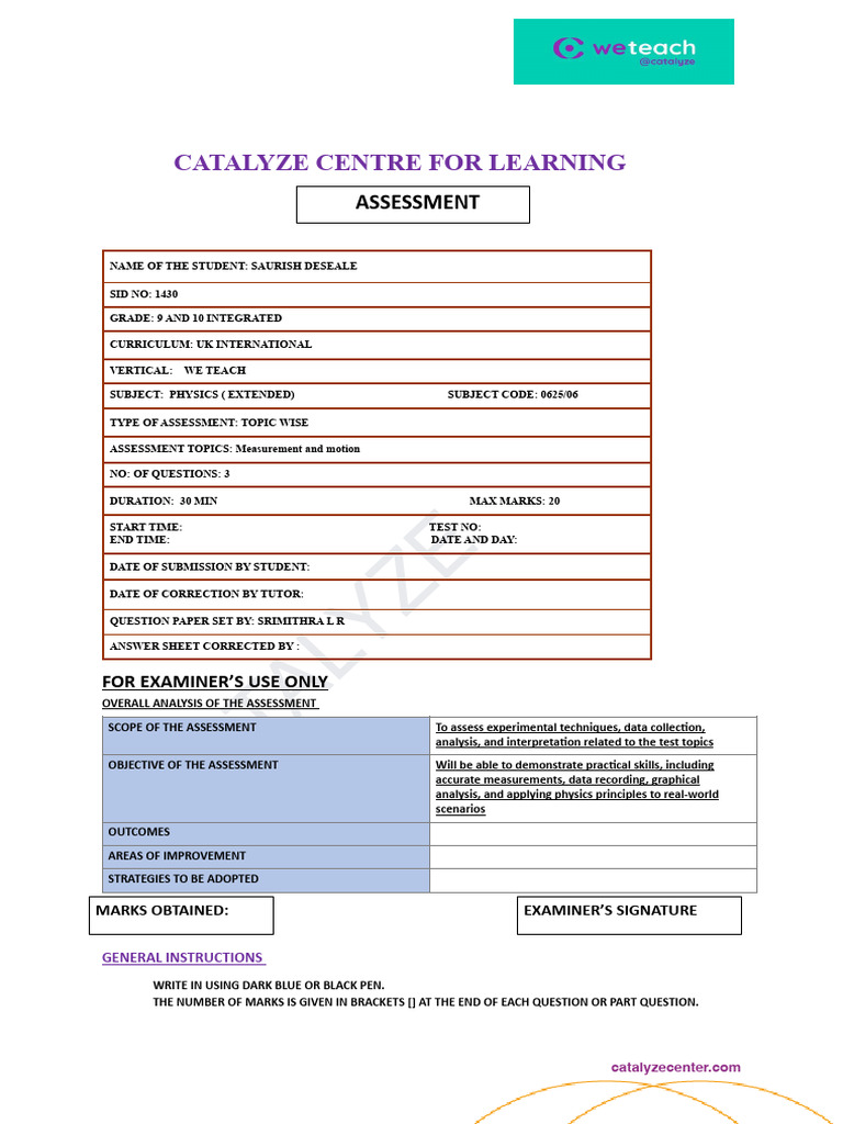 QP Saurish Deseale Weteach Assessment Physics Paper 6 | PDF