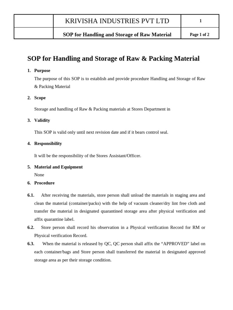 SOP For Handling and Storage of Raw Packing Material | PDF