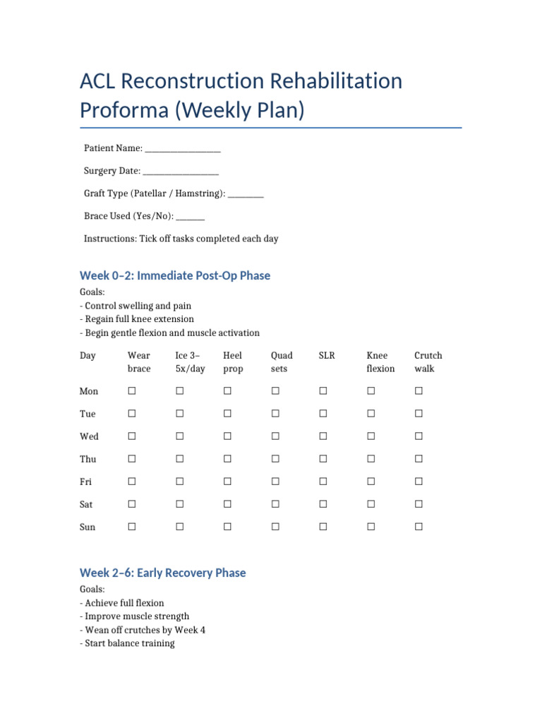 ACL Rehab Protocol Weekly Plan | PDF | Soft Tissue | Clinical Medicine