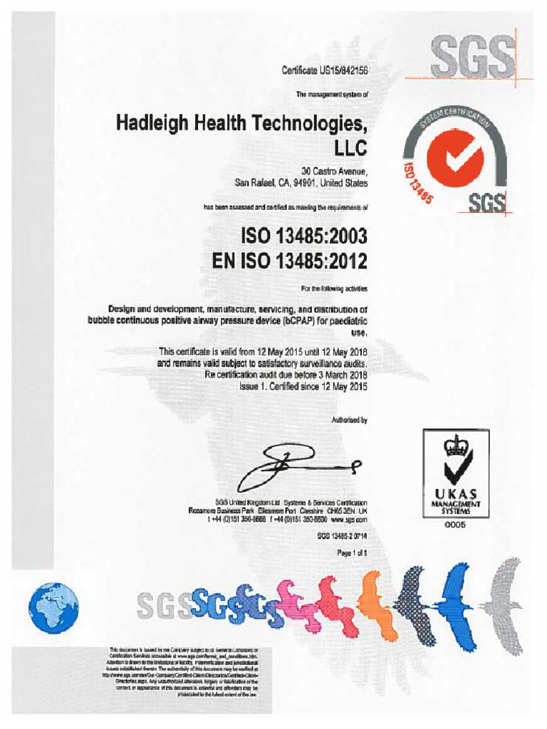 Hadleigh Pumani BubbleCPAP ISO 13485 Certificate | PDF