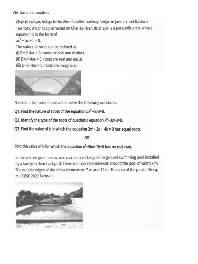 Case Study Questions From Quadratic Equations | PDF