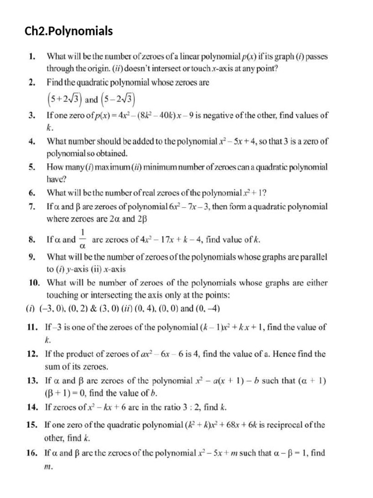 Ch2 Polynomials Worksheet-1 | PDF | Polynomial | Zero Of A Function