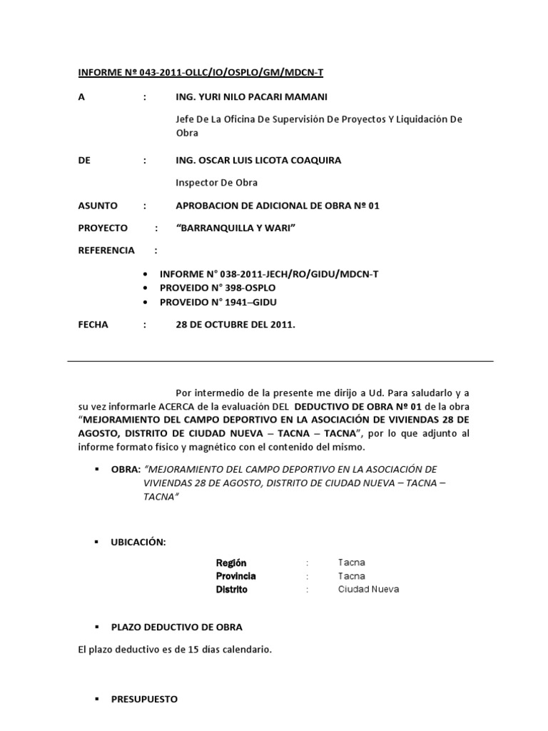 Informe #043 - Aprobacion de Deductivo de Obra #01 | PDF