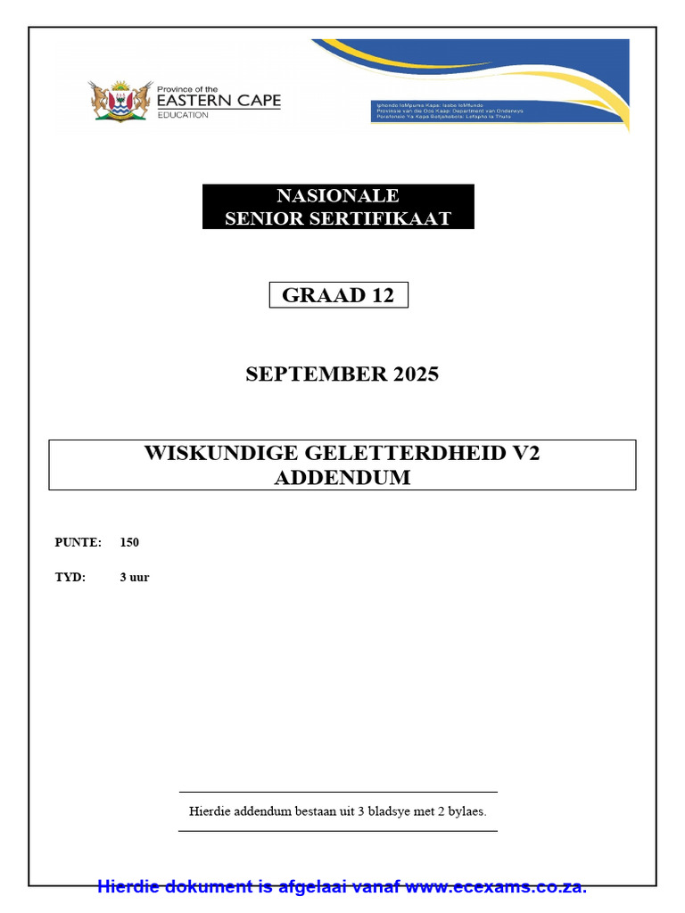 Maths Lit p2 GR 12 Sept 2025 Addendum Afr - Watermark | PDF