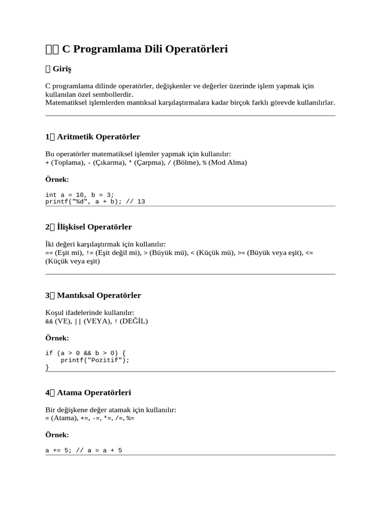 ?? C Programlama Dili Operatörleri | PDF
