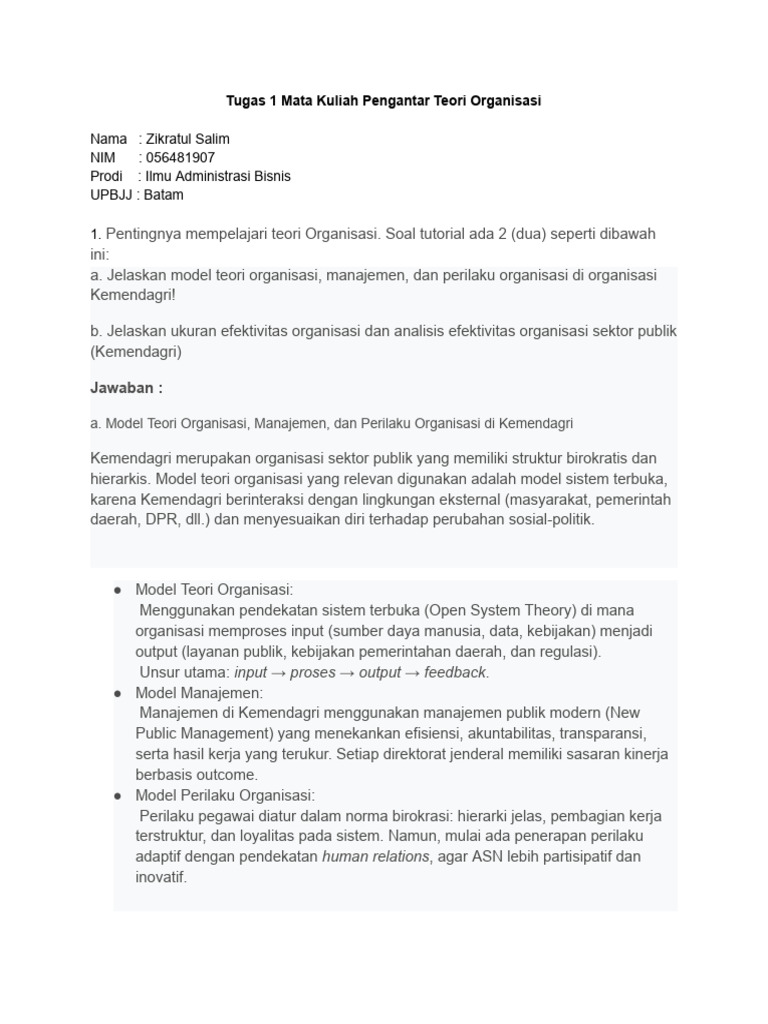 Tugas 1 Mata Kuliah Pengantar Teori Organisasi | PDF