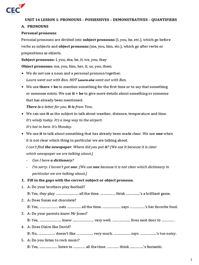 Pronouns and Possessives Explained | PDF | Pronoun | Subject (Grammar)