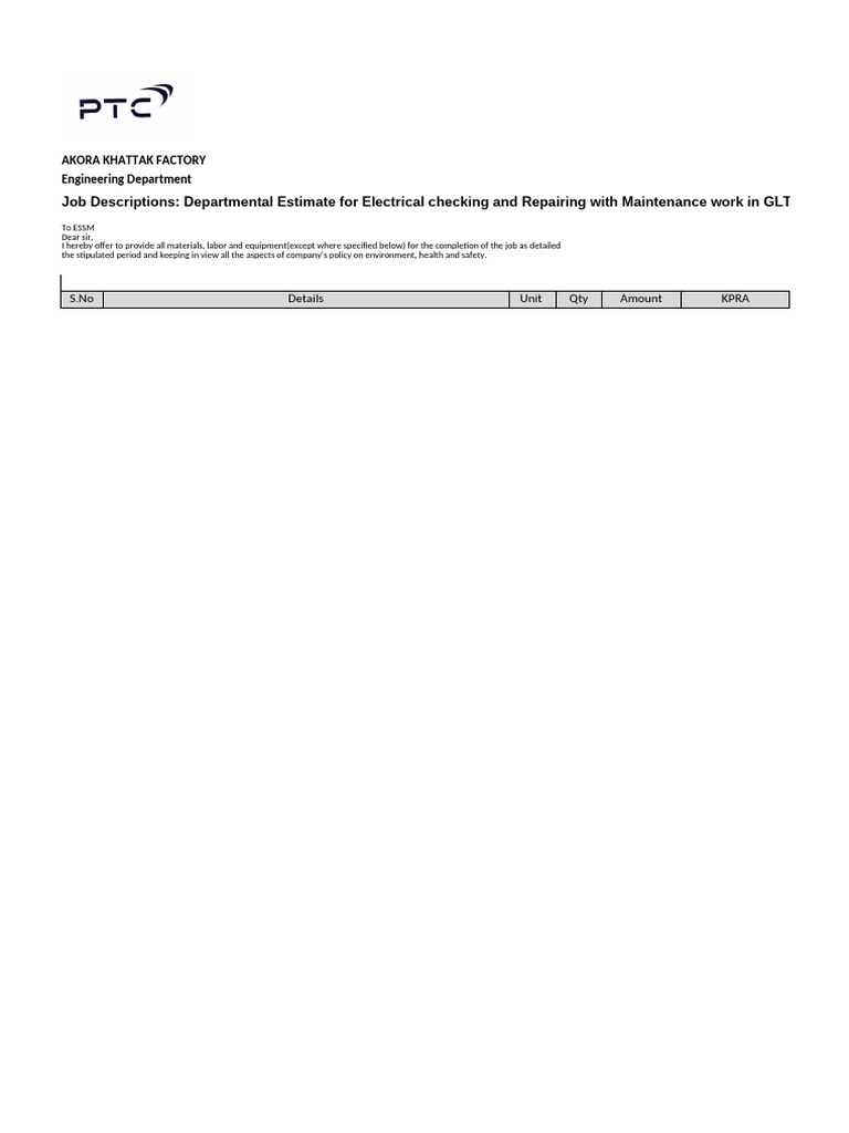 Departmental Estimate For Electrical Checking and Repairing With ...
