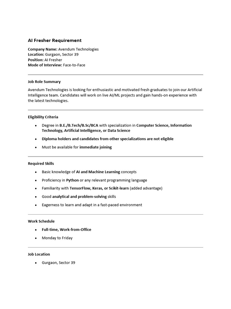 AI Fresher Job Opening at Avendum | PDF