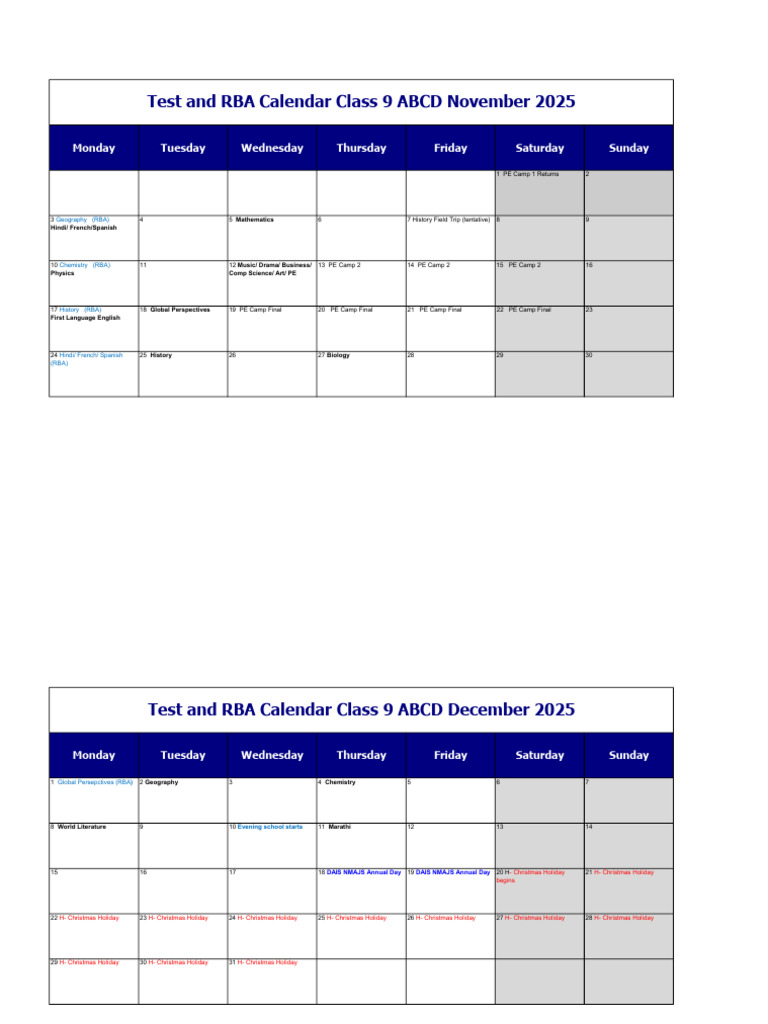 Class 9 ABCD Test & RBA Calendar | PDF