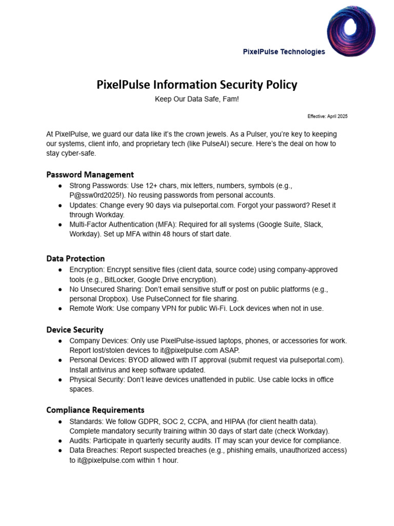 PixelPulse Information Security Policy | PDF | Security | Computer Security