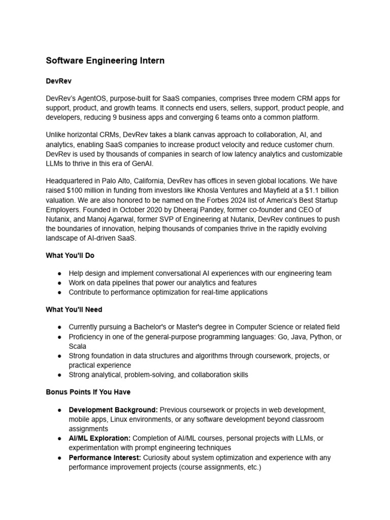 Software Engineering Intern JD | PDF | Artificial Intelligence ...