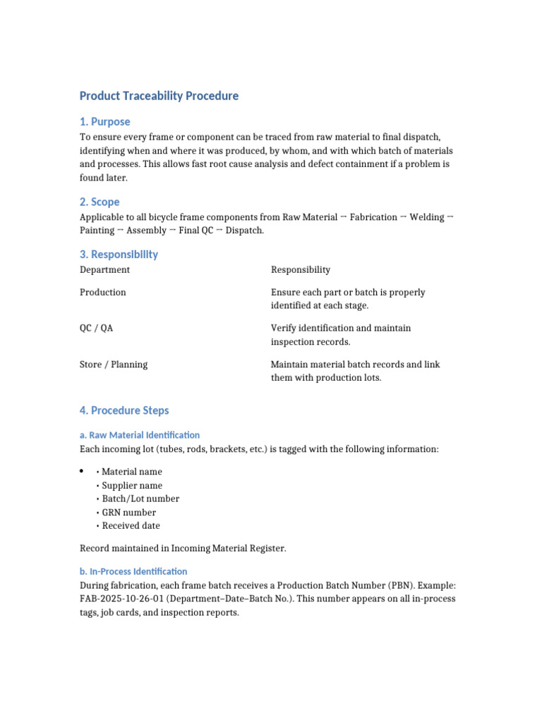Product Traceability Procedure | PDF