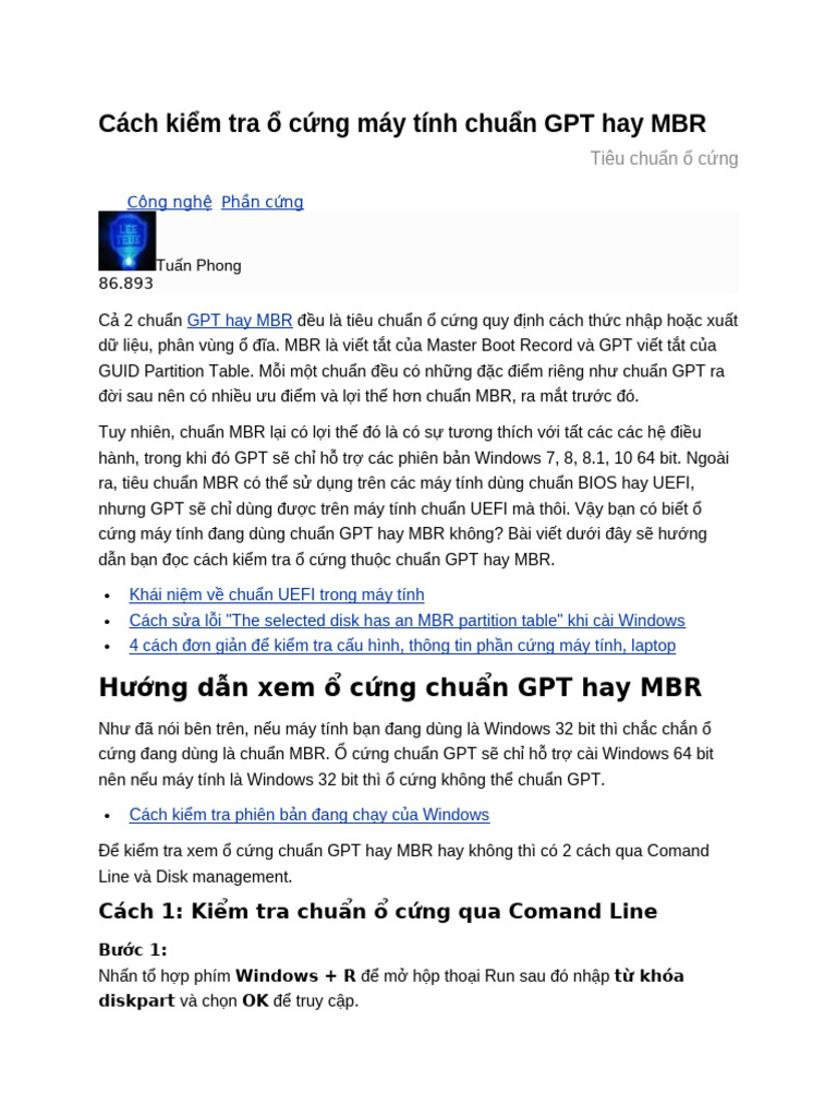 Cách Kiểm Tra ổ Cứng Máy Tính Chuẩn GPT Hay MBR | PDF