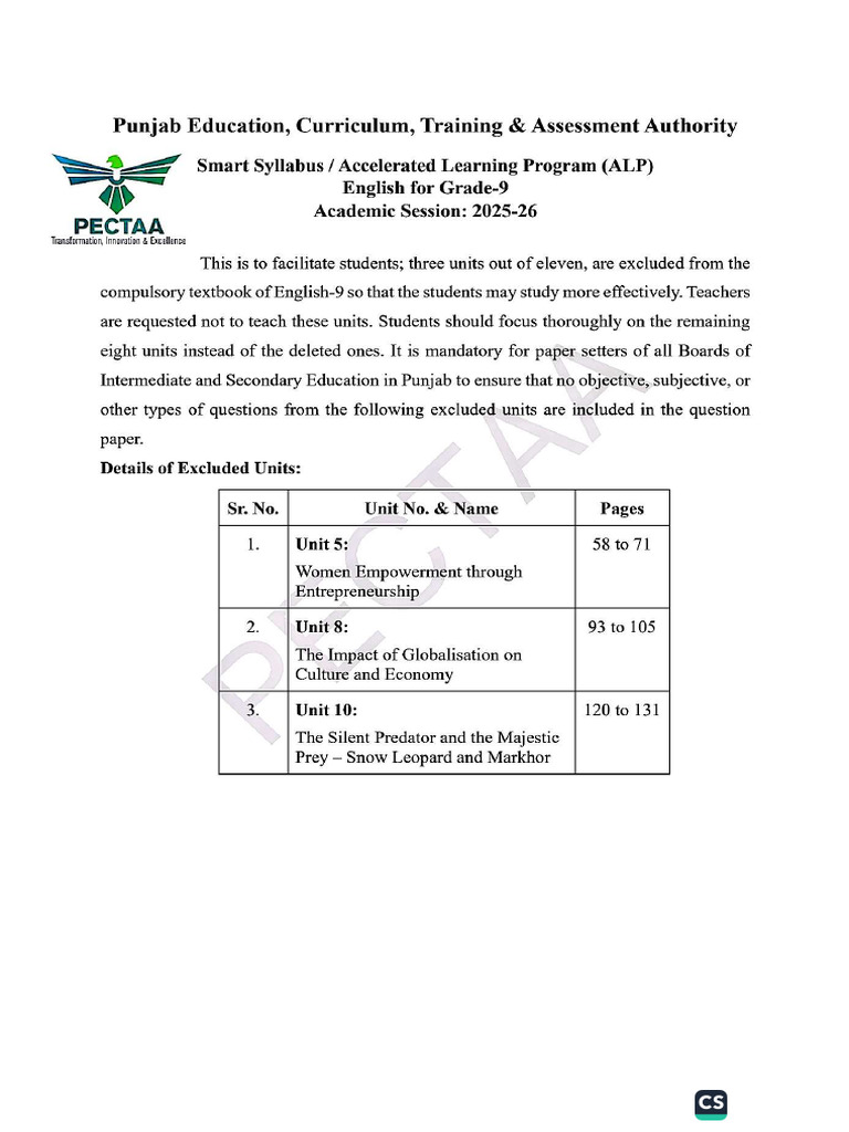 9th Class English Smart Syllabus | PDF