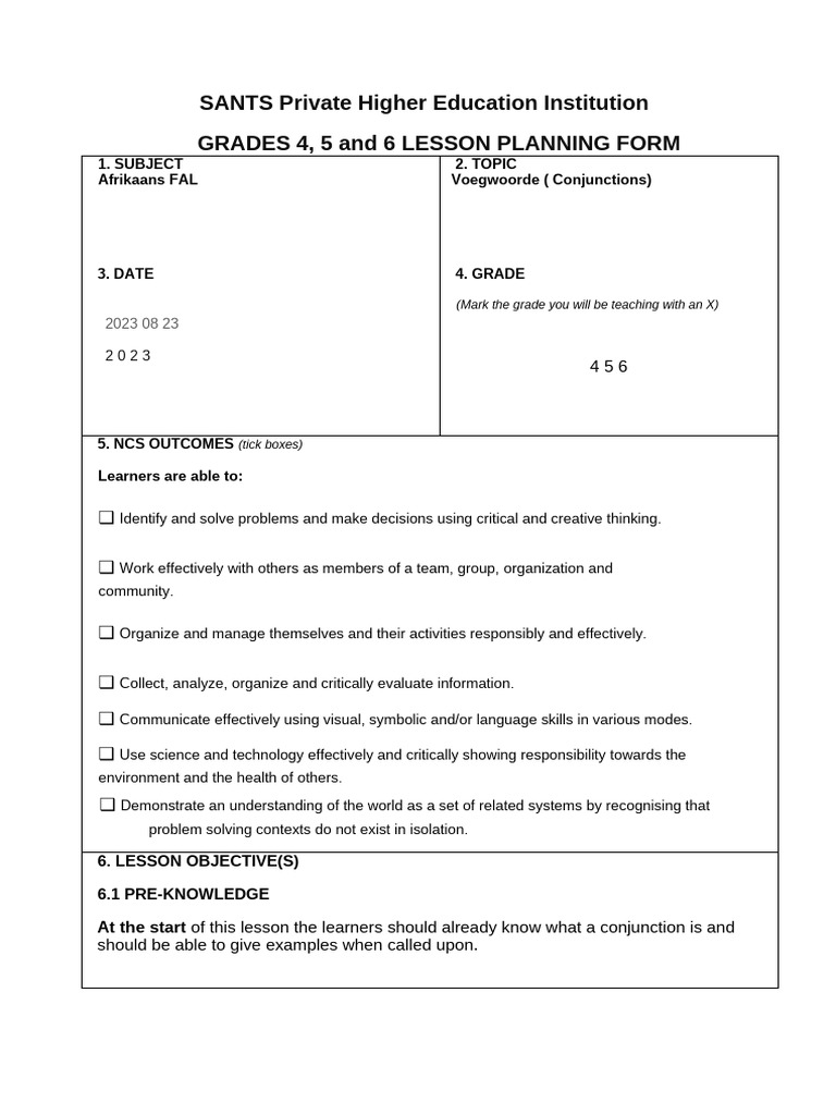 Afrikaans Conjunctions Lesson Plan | PDF | Learning | Lesson Plan
