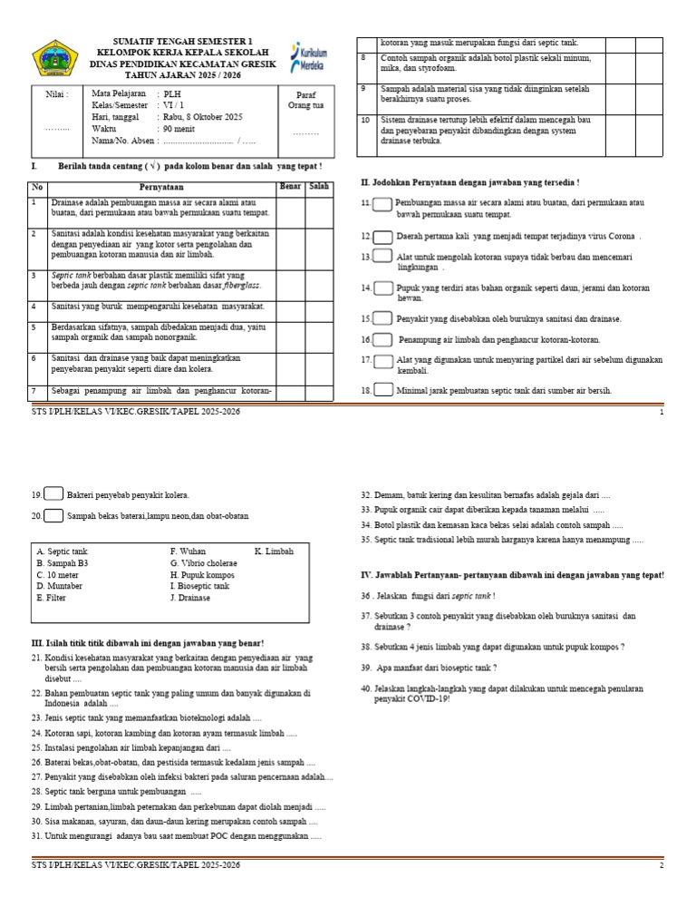 Soal PLH Kelas VI Gresik 2025-2026 | PDF