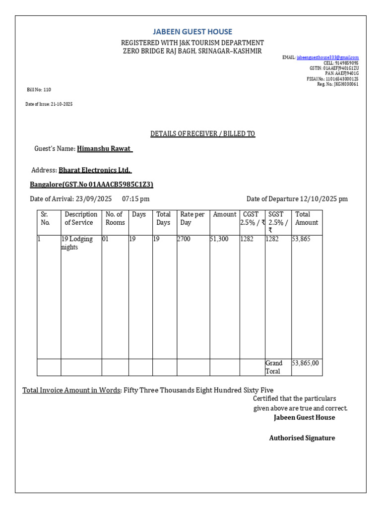 Jabeen Guest House Bill Format555 | PDF | Payments | Government Finances