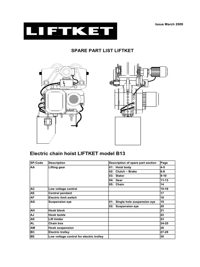 Electric Chain Hoist LIFTKET Model B13 - Liftket - de | PDF | Screw | Axle