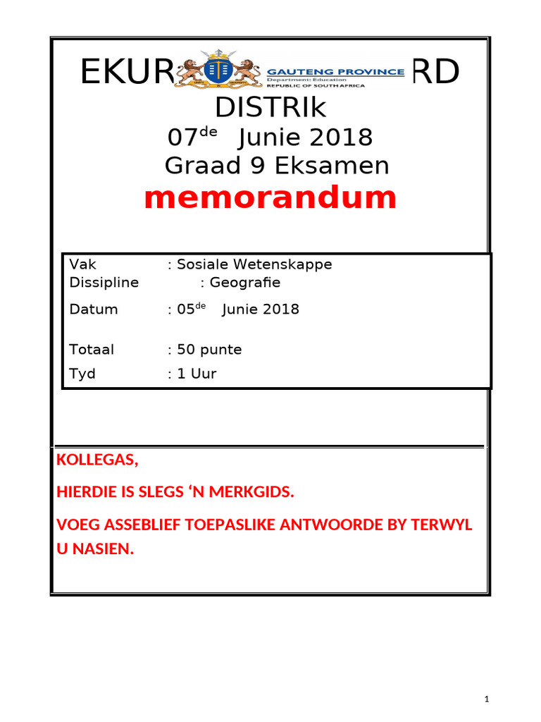 SW Geografie Graad 9 Junie Eksamen 2018 MEMO | PDF