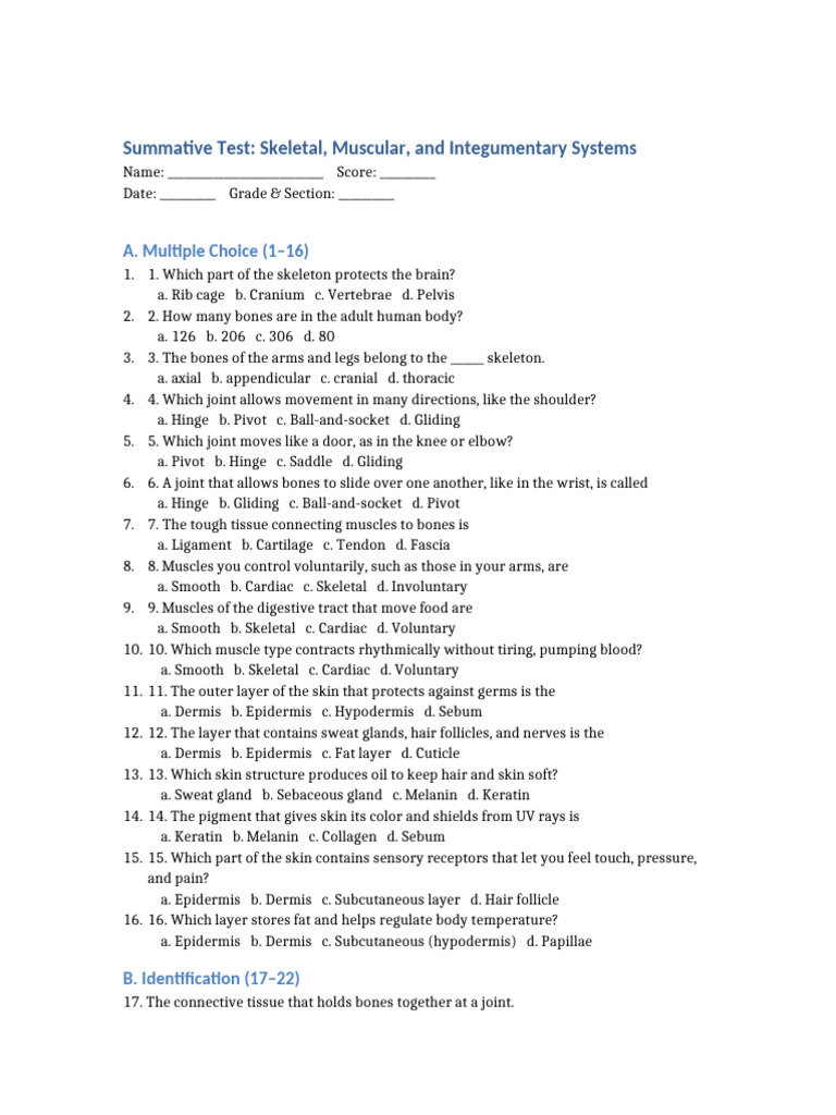 Summative Test Skeletal Muscular Integumentary | PDF | Skin | Skeleton