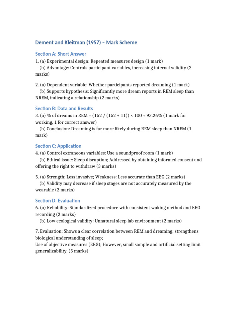 Dement and Kleitman 1957 Study Mark Scheme | PDF