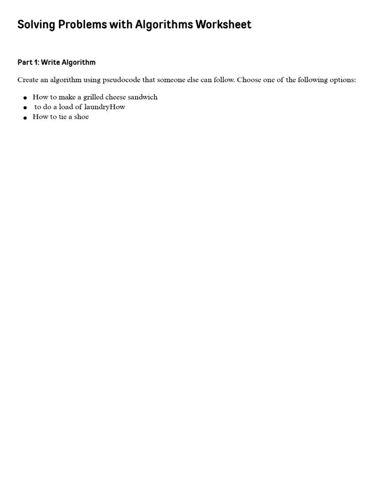 Solving Problems With Algorithms Worksheet | PDF