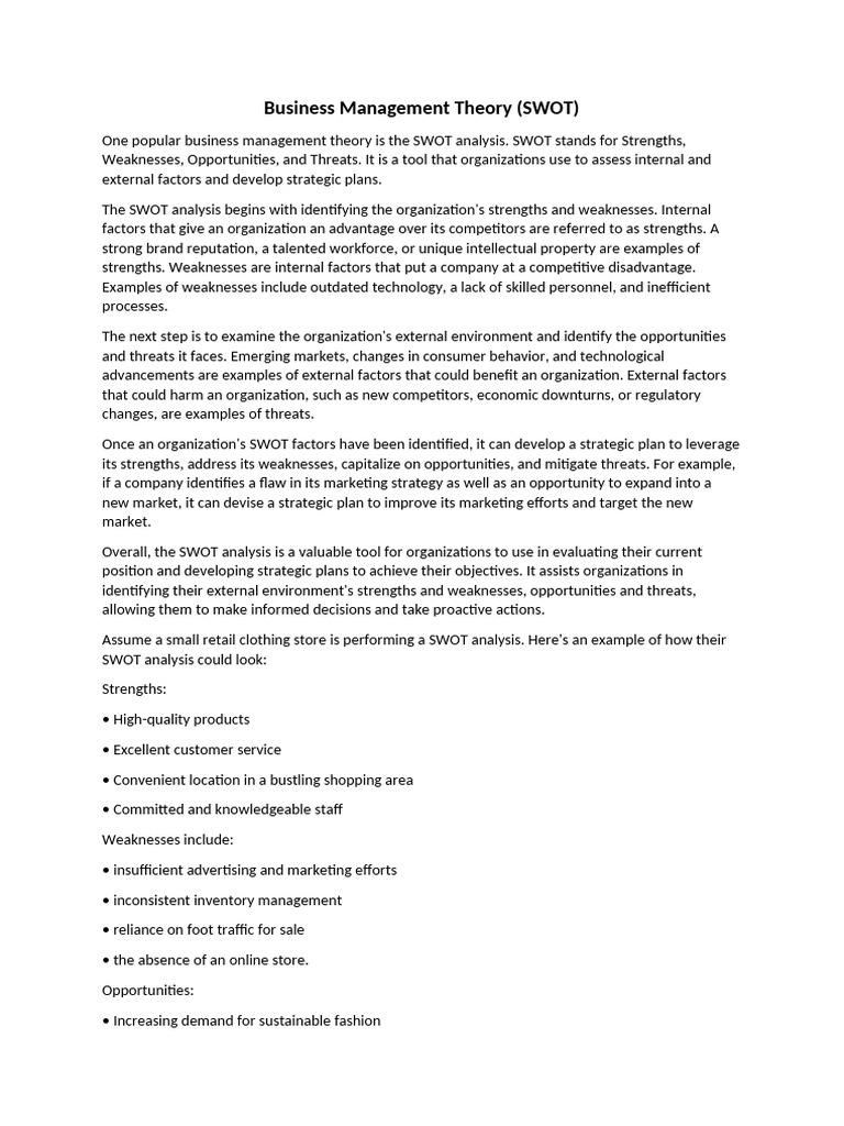 Business Management Theory | PDF | Swot Analysis | Marketing